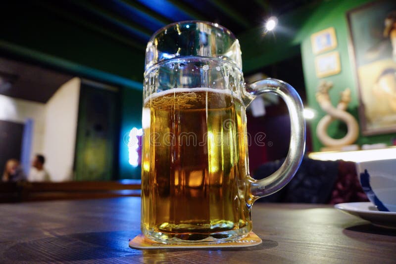 Big Pint of Beer on Wooden Table Close Up View Stock Photo - Image of ...