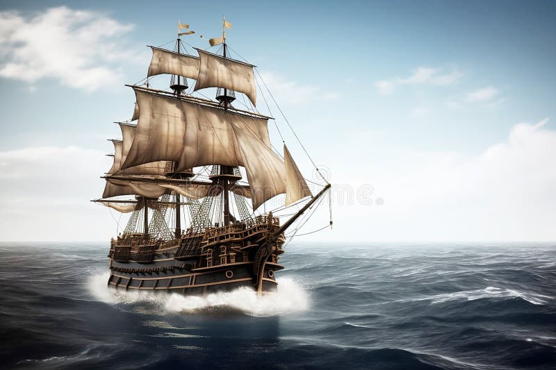 Big Pirate Ship in Open Sea Stock Illustration - Illustration of waves ...