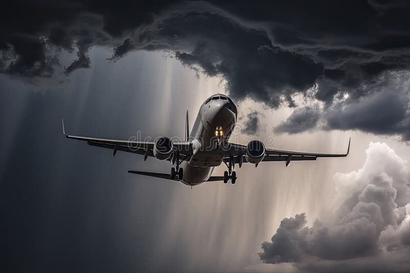 Big Plane Coming Out of Heavy Thunder and Lightning Clouds Stock Image ...