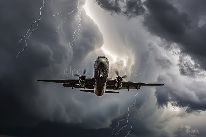 Big Plane Coming Out of Heavy Thunder and Lightning Clouds Stock ...