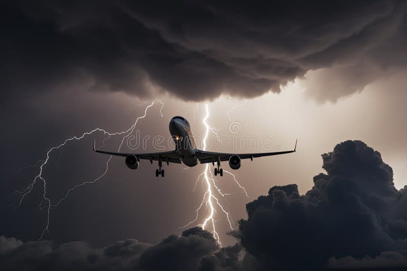 Big Plane Coming Out of Heavy Thunder and Lightning Clouds Stock ...