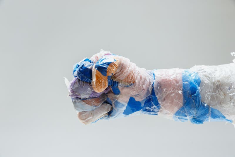 Big Plastic Hand Made of Garbage on White Studio Background Stock Image ...