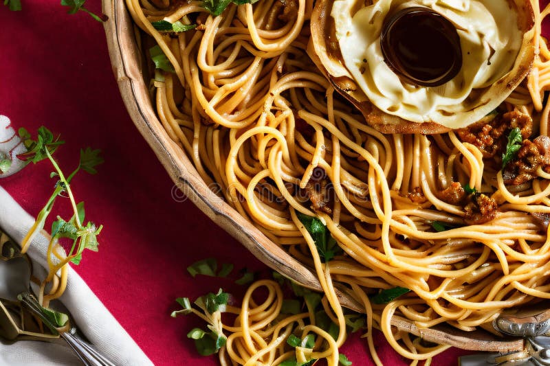 A Big Plate of Pasta and Basil Placed on the Table Stock Illustration ...