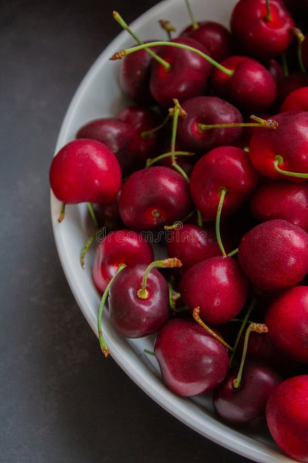 Big Plates of Red Cherries for Snack Stock Photo - Image of branch ...