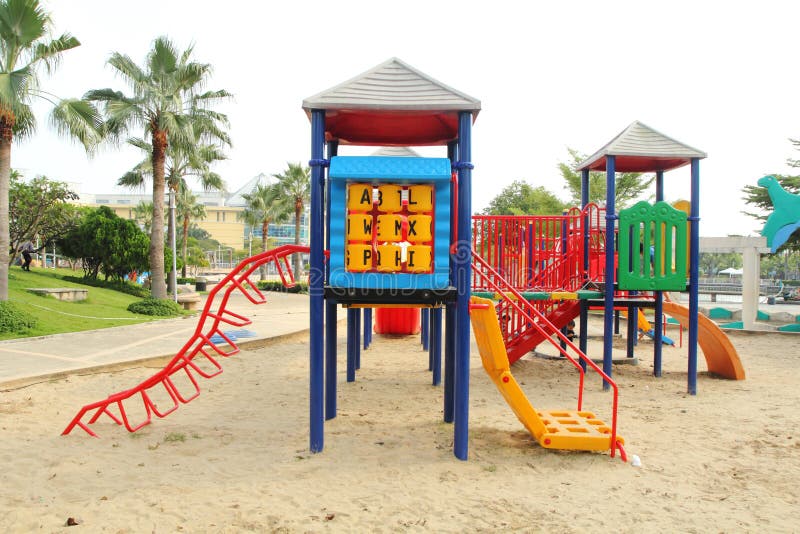 Big Playground in Public Park and Unidentified Children Playing it ...