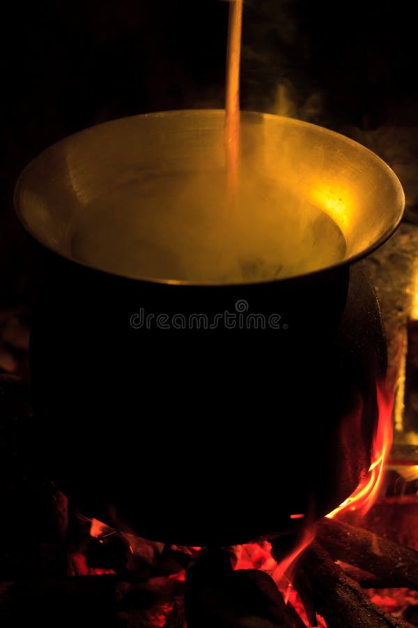 Big Pot on the Camp Fire in the Evening. Spring Mountains Stock Photo ...