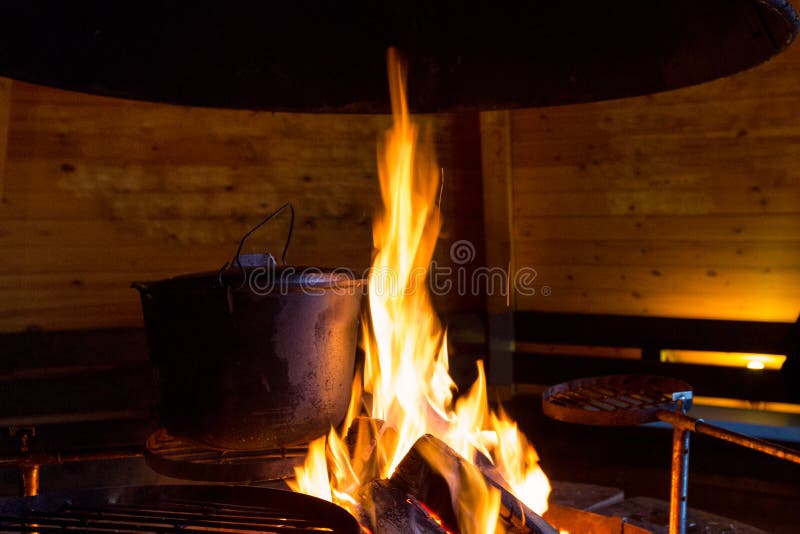 Big Pot on Fire in Barbecue Hut Stock Photo - Image of heat, flame ...