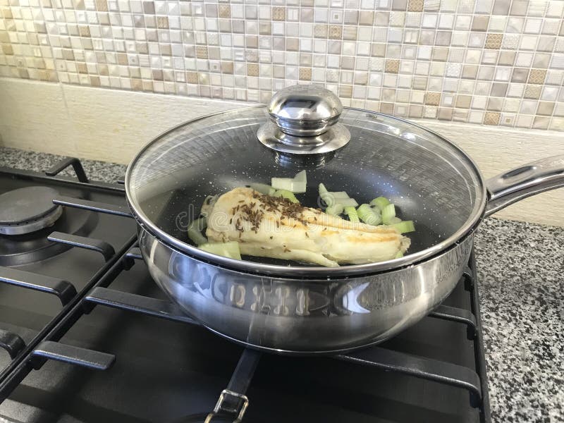 Big Pot with Fish and Celery in Modern Kitchen on a Gas Stove Stock ...