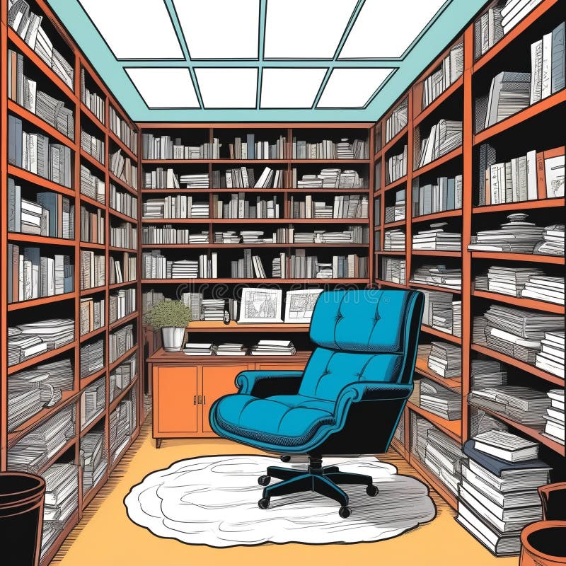 Big Private Library with Glassy Table and Concrete Floor, 3D Render ...