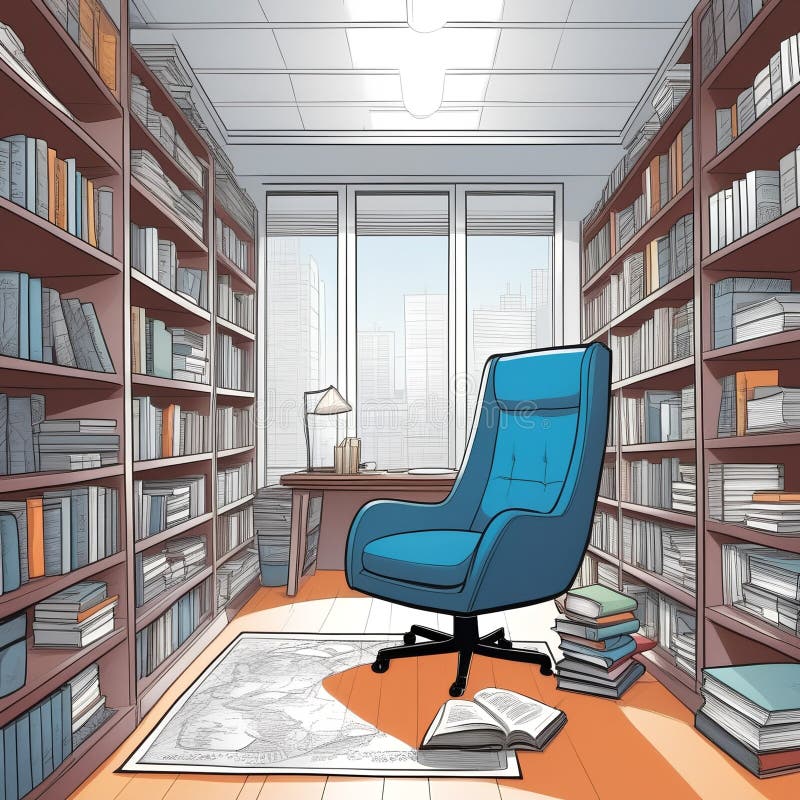 Big Private Library with Glassy Table and Concrete Floor, 3D Render ...