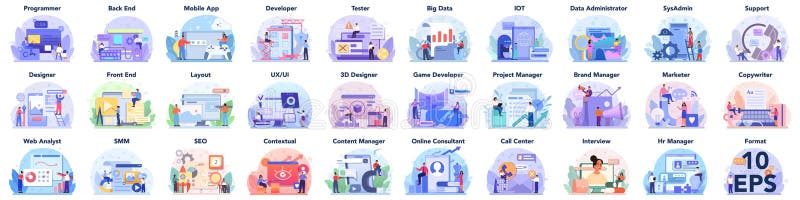 Big It Profession Set Programmer Write Software And Create Code For Computer Stock Vector