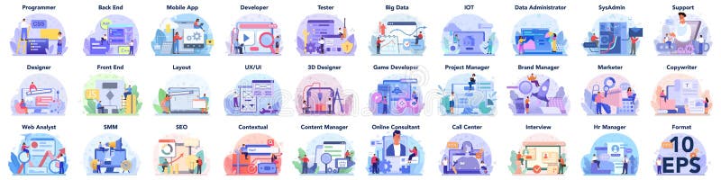 Big It Profession Set Programmer Write Software And Create Code For Computer Stock Vector