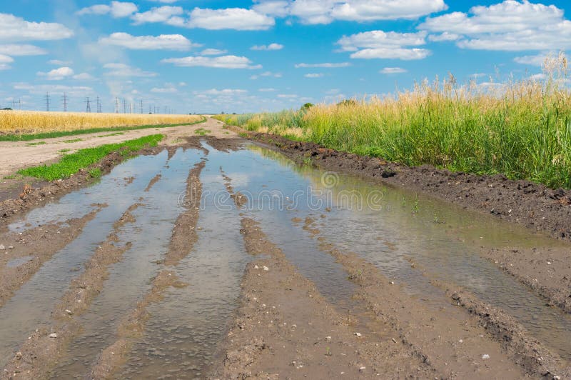 Big puddle on earth road stock image. Image of corn, earth - 63995273