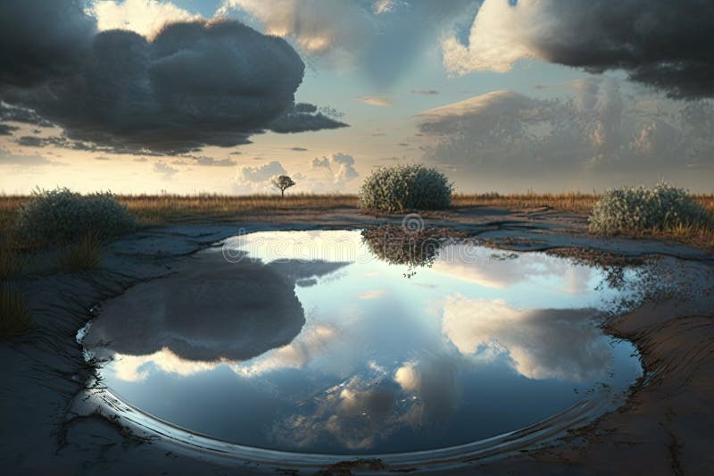 Big Puddle that Reflects the Sky and Clouds, Creating a Tranquil Scene ...