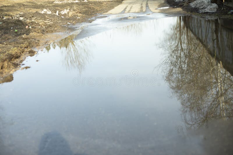 Big Puddle in Road. Water on Asphalt Stock Image - Image of climate ...