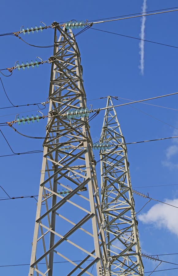 Big Pylon of the High Voltage Electric Cables in Power Station Stock ...