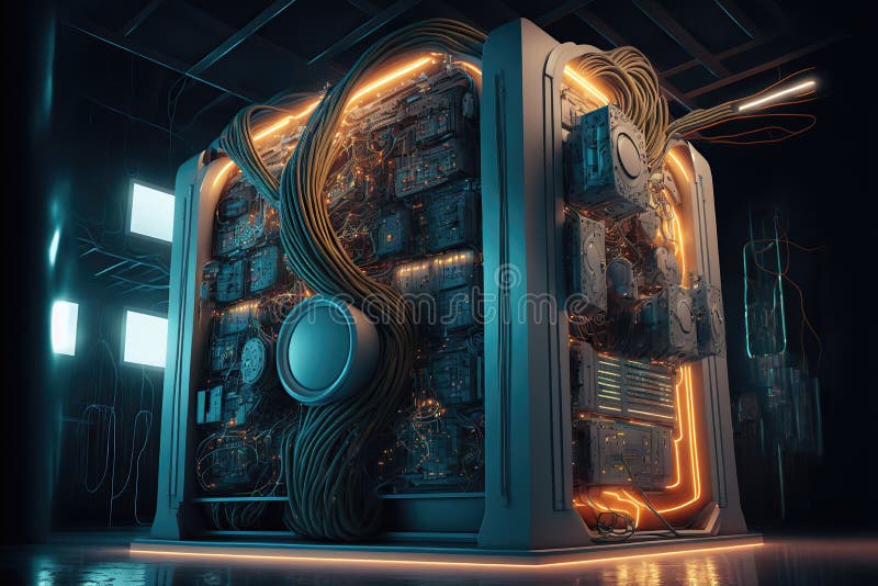 Big Quantum Mega Computer. Computer Center, Fantasy Cyberpunk. Wires ...