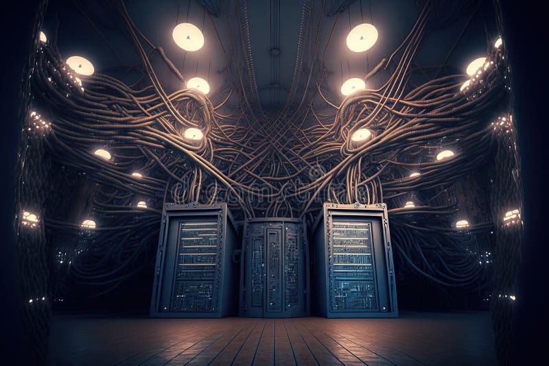 Big Quantum Mega Computer. Computer Center, Fantasy Cyberpunk. Wires ...