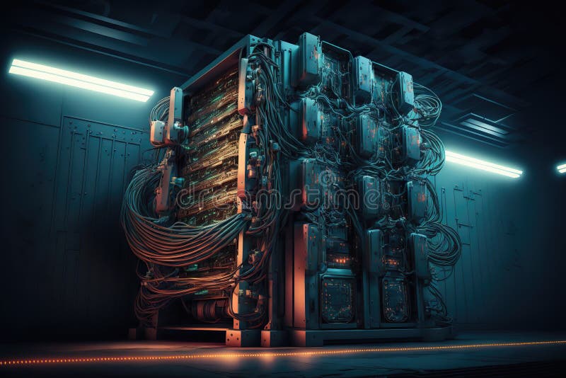 Big Quantum Mega Computer. Computer Center, Fantasy Cyberpunk. Wires ...