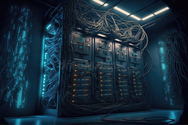 Big Quantum Mega Computer. Computer Center, Fantasy Cyberpunk. Wires ...