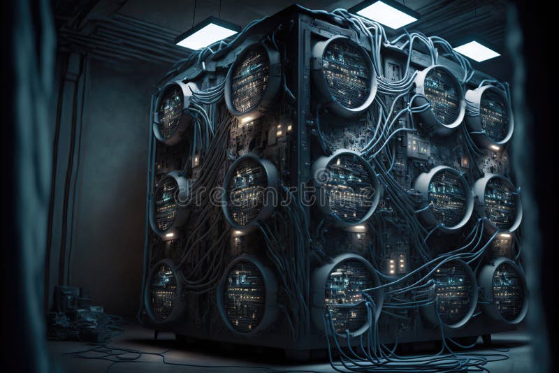 Big Quantum Mega Computer. Computer Center, Fantasy Cyberpunk. Wires ...