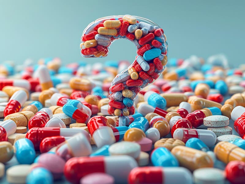 A Big Question Mark among Tablets and Capsules Stock Illustration ...