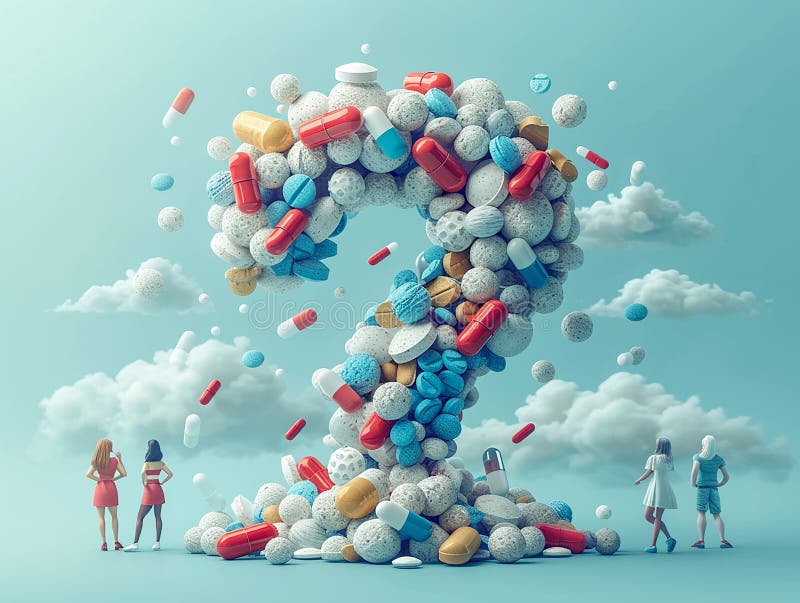 A Big Question Mark among Tablets and Capsules Stock Illustration ...