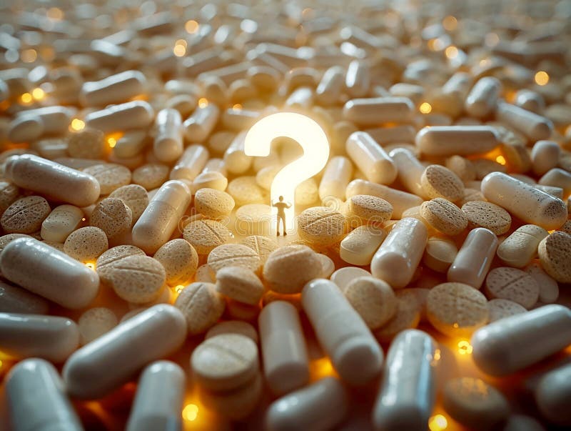 A Big Question Mark among Tablets and Capsules Stock Illustration ...