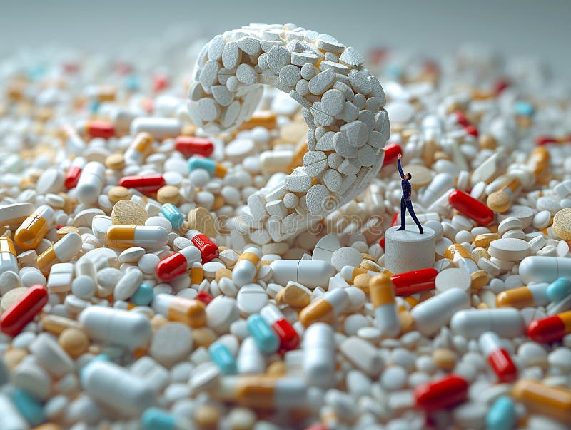 A Big Question Mark among Tablets and Capsules Stock Illustration ...