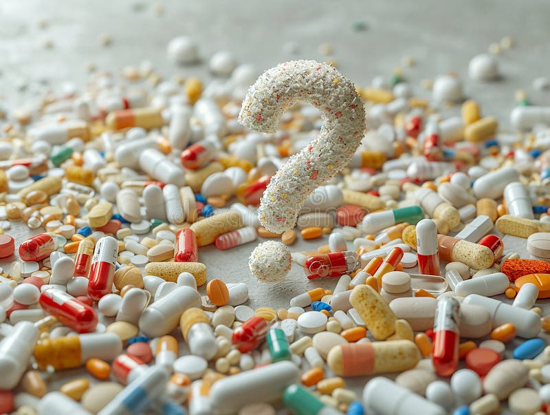 A Big Question Mark among Tablets and Capsules Stock Illustration ...