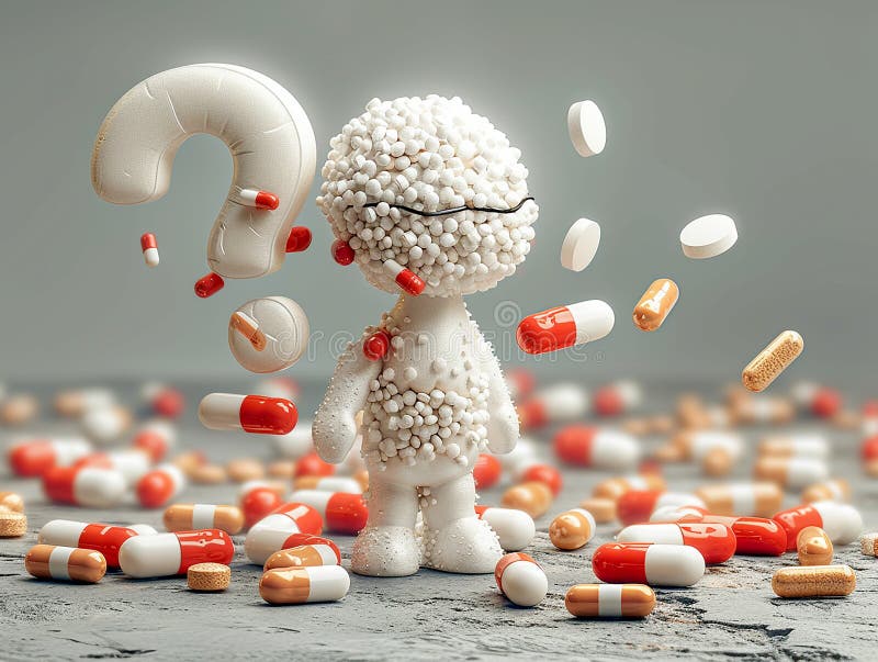 A Big Question Mark among Tablets and Capsules Stock Illustration ...