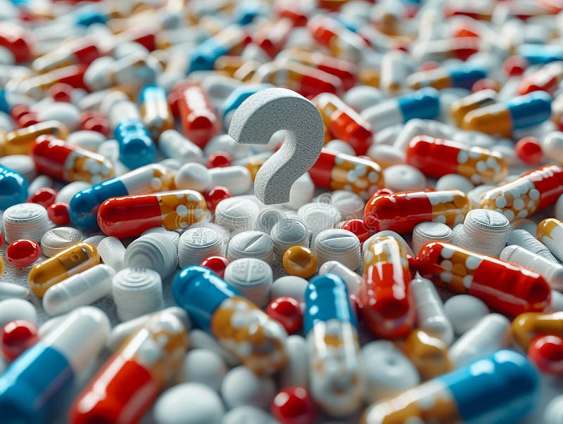 A Big Question Mark among Tablets and Capsules Stock Illustration ...