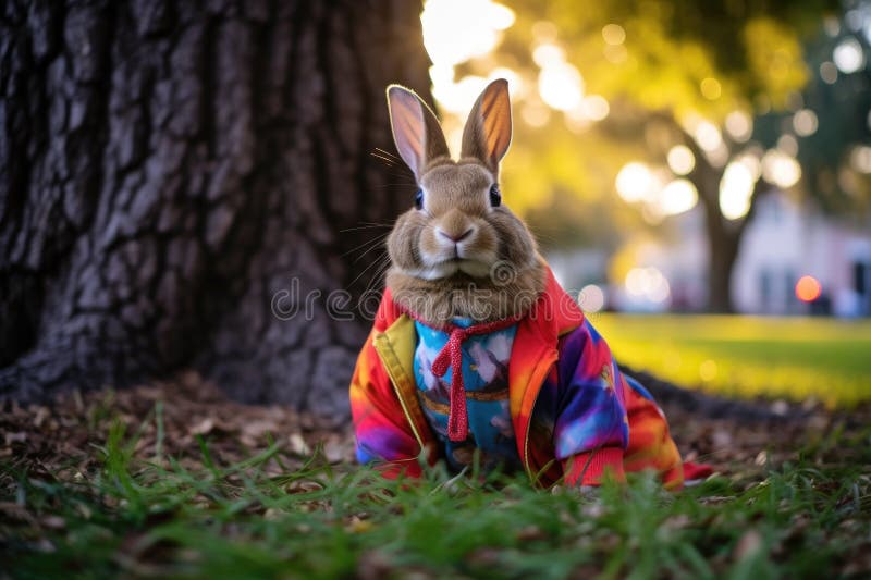A Big Rabbit in a Rainbow Sweater Under a Shady Tree in a Park Stock ...