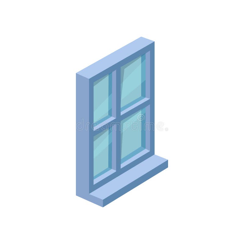 Big Rectangular Window with Blue Frame, Windowsill and Glass. Isometric ...