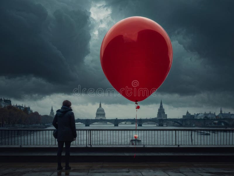 Big Red Balloon Floating on River in City. Stock Illustration ...