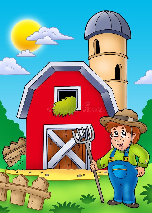 Big red barn with farmer stock illustration. Illustration of happy ...