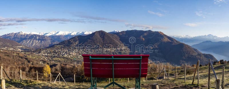 Big Red Bench on the Alps of Lake Como Stock Photo - Image of italian ...