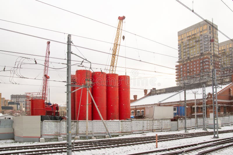 Big Red Construction Pipes in Moscow Stock Photo - Image of industry ...