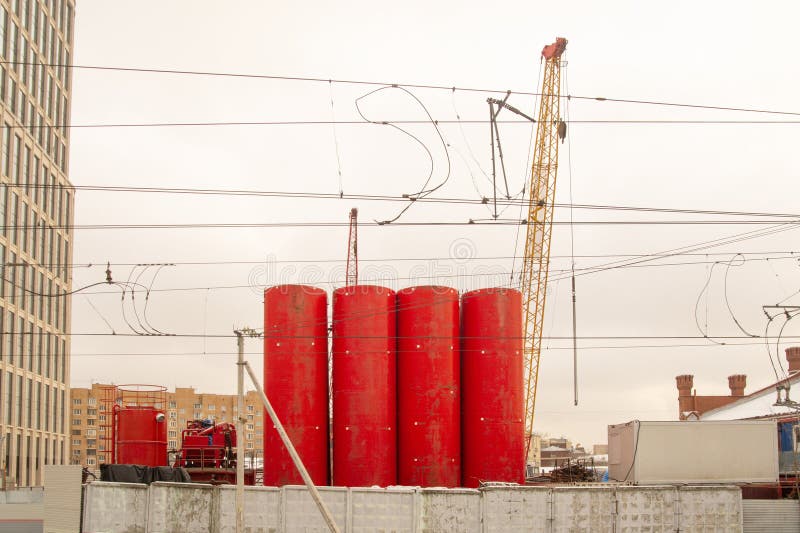 Big Red Construction Pipes in Moscow Stock Image - Image of engineering ...