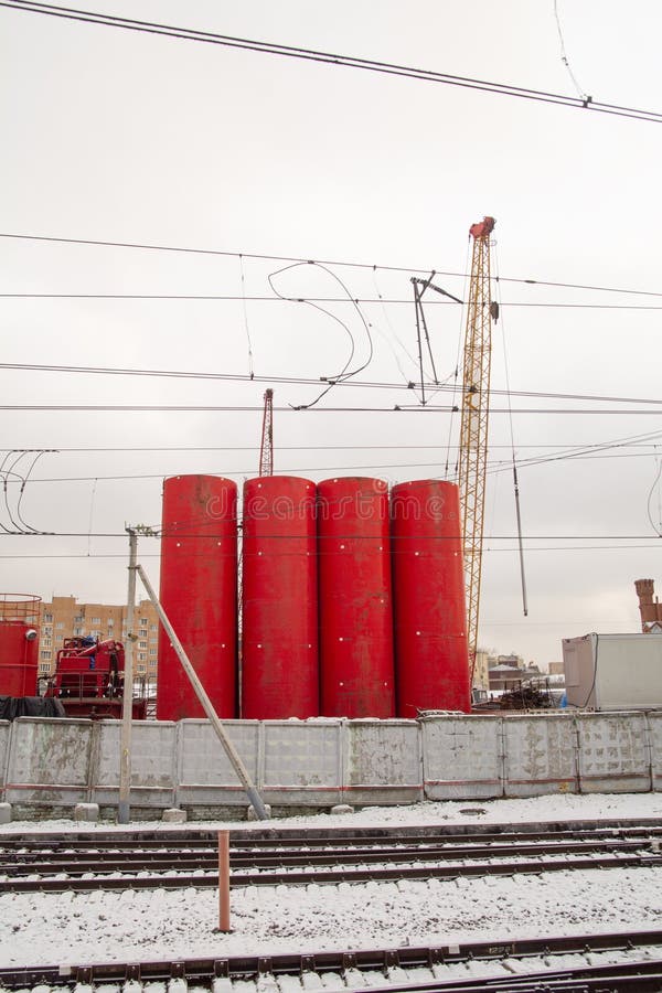 Big Red Construction Pipes in Moscow Stock Photo - Image of pipeline ...