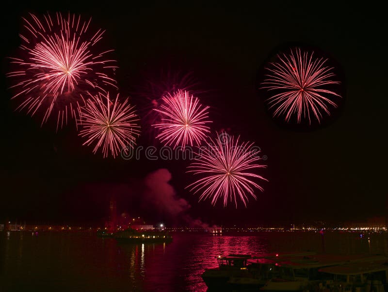 Big Red Fireworks Explode in Venice in Dark Sky,New Year Fireworks in ...