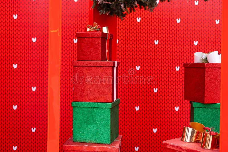 Big Red Gift Box with Beauty Ribbon Bow on Red Background Stock Photo ...