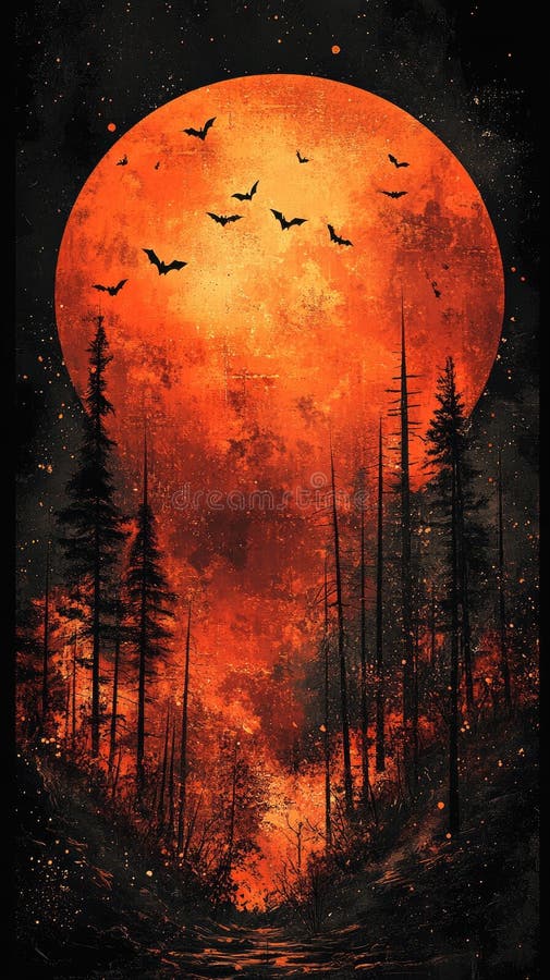 Big Red Moon Illuminating River Flowing through Forest Stock ...