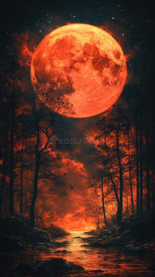 Big Red Moon Illuminating River Flowing through Forest Stock ...