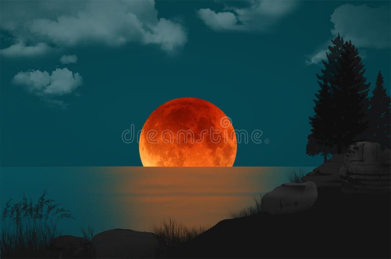 Big Red Moon Rises in Blue Sea in the Winter Evening Stock Illustration ...