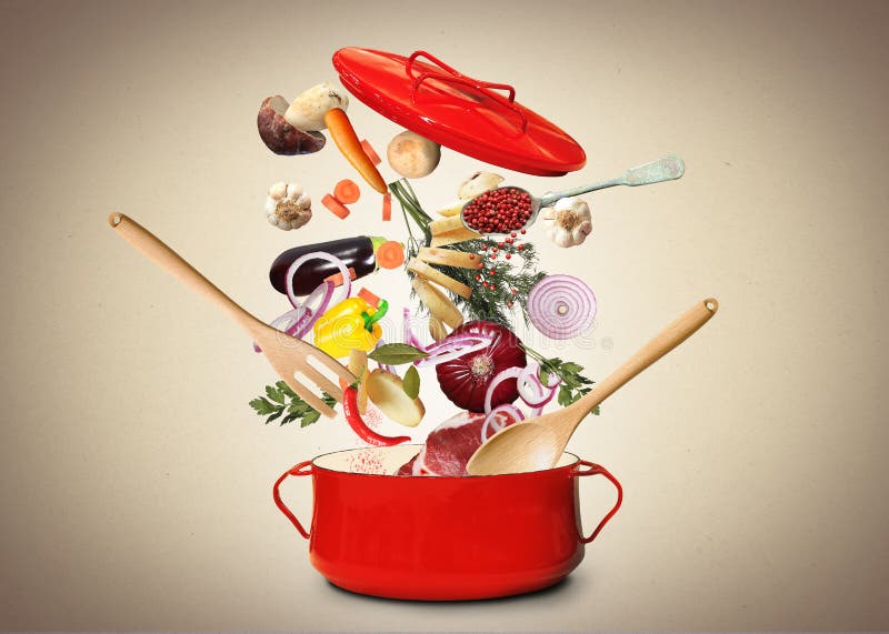 Big red pot for soup stock image. Image of kitchen, garlic - 128859275