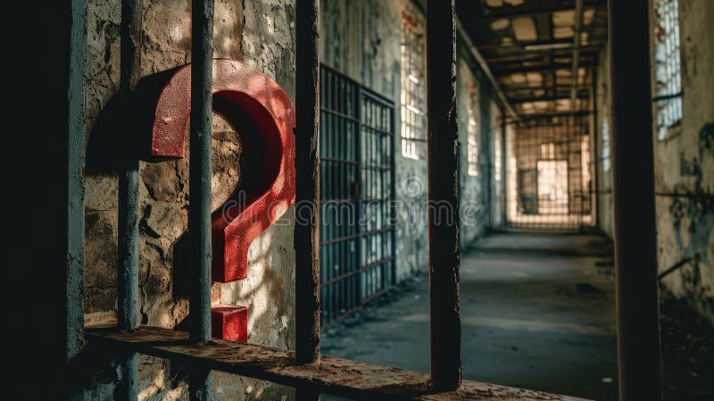 Big Red Question Mark Sit in Solitary Confinement in a Prison Behind ...