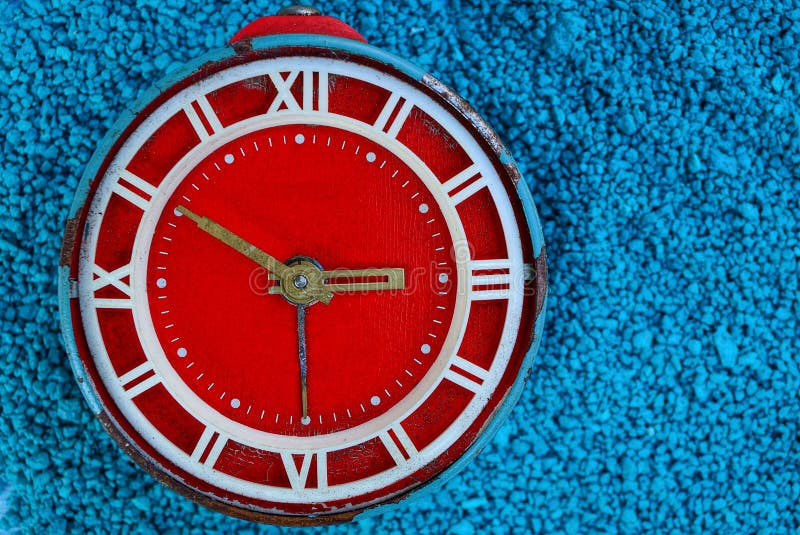 Big Red Old Alarm Clock on Blue Background Stock Image - Image of ...