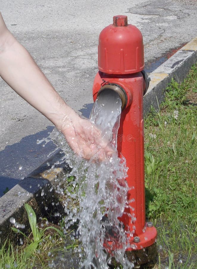 Big Red Road Hydrant Refreshing Water Comes Out Copious Hand Stock ...