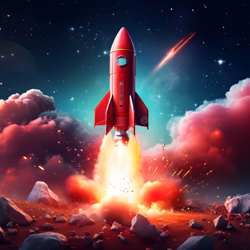 A Big Red Rocket Takes Off from the Ground Stock Illustration ...